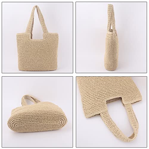 Almury Straw Beach Hand-woven Soft Large Woven Shoulder Bag Boho Straw Handle Tote Retro Summer Bags Rattan Handbag for Women (Beige)