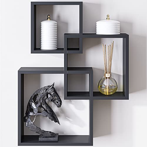 Ballucci Modern Interlocking Cube Floating Shelves, Wall Mount Wood Square Shelves for Living Room, Bedroom, Bathroom, Easy to Install Wall Decor Box Shelves, Black