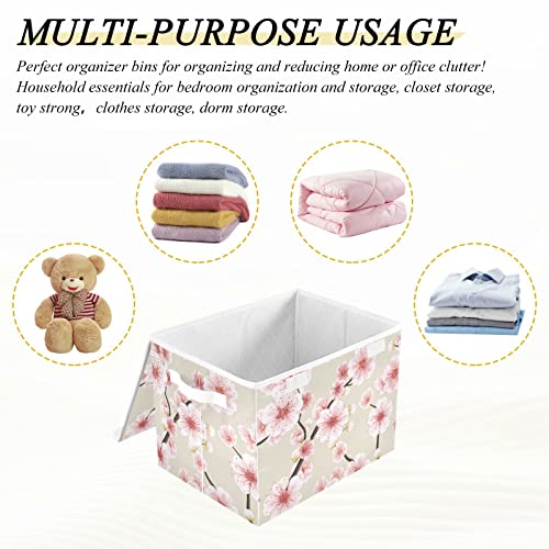 Kigai Pink Spring Cherry Blossoms Storage Bin, Storage Baskets with Lids Large Organizer Collapsible Storage Bins Cube for Bedroom, Shelves, Closet, Home, Office 16.5 X 12.6 X 11.8 Inch