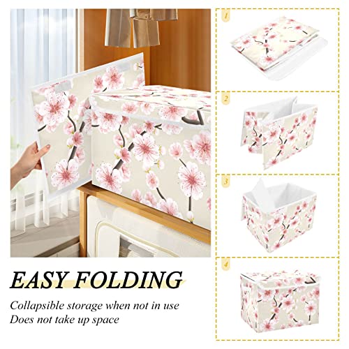 Kigai Pink Spring Cherry Blossoms Storage Bin, Storage Baskets with Lids Large Organizer Collapsible Storage Bins Cube for Bedroom, Shelves, Closet, Home, Office 16.5 X 12.6 X 11.8 Inch