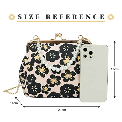 Oweisong Kiss Lock Shoulder Bag for Women Vintage Floral Top Handle Handbag Shell Satchel Purse Crossbody Tote