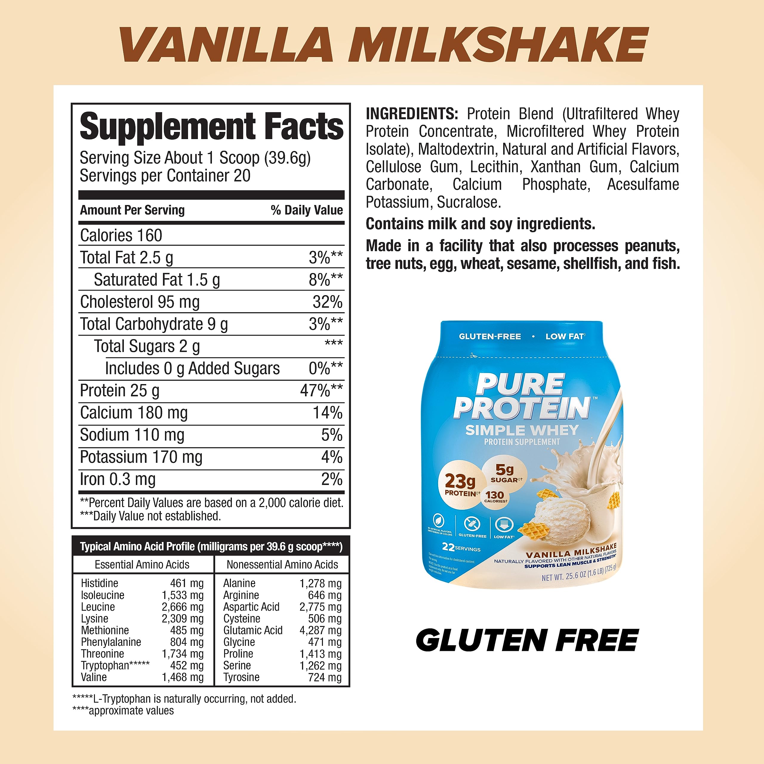 Pure Protein Powder, Natural Whey, High Protein, Low Sugar, Gluten Free, French Vanilla, 1.6 lbs