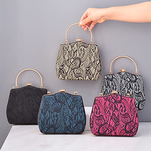 Anopo Evening Clutch Purse Bridal Lady Floral Lace PU Hard Shell Crossbody Bag Top Handle Lock Buckle Handbag Wedding Prom Black