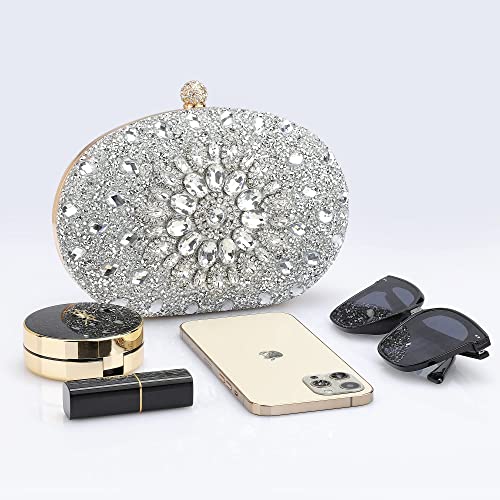 Bandkos Women Clutch Purses Evening Bag Sparkly Diamond Handbag Bridal Glitter Crystal Shoulder Crossbody Bag for Wedding Prom Party (Silver)
