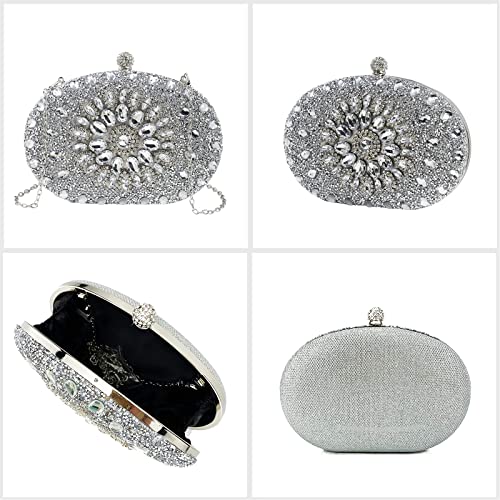 Bandkos Women Clutch Purses Evening Bag Sparkly Diamond Handbag Bridal Glitter Crystal Shoulder Crossbody Bag for Wedding Prom Party (Silver)