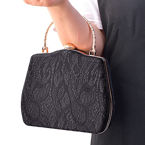 Anopo Evening Clutch Purse Bridal Lady Floral Lace PU Hard Shell Crossbody Bag Top Handle Lock Buckle Handbag Wedding Prom Black