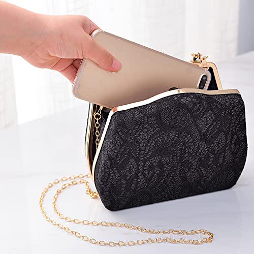 Anopo Evening Clutch Purse Bridal Lady Floral Lace PU Hard Shell Crossbody Bag Top Handle Lock Buckle Handbag Wedding Prom Black