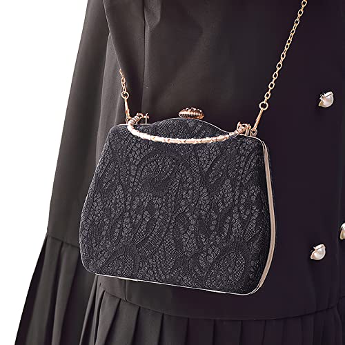 Anopo Evening Clutch Purse Bridal Lady Floral Lace PU Hard Shell Crossbody Bag Top Handle Lock Buckle Handbag Wedding Prom Black