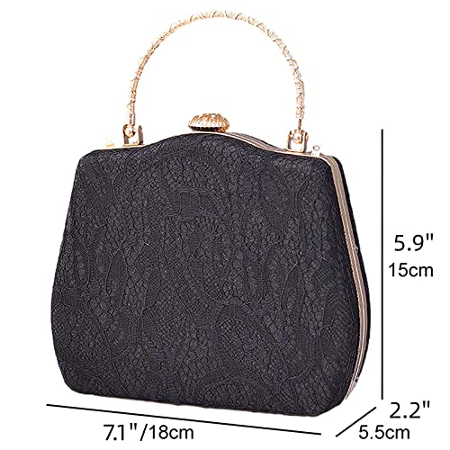 Anopo Evening Clutch Purse Bridal Lady Floral Lace PU Hard Shell Crossbody Bag Top Handle Lock Buckle Handbag Wedding Prom Black