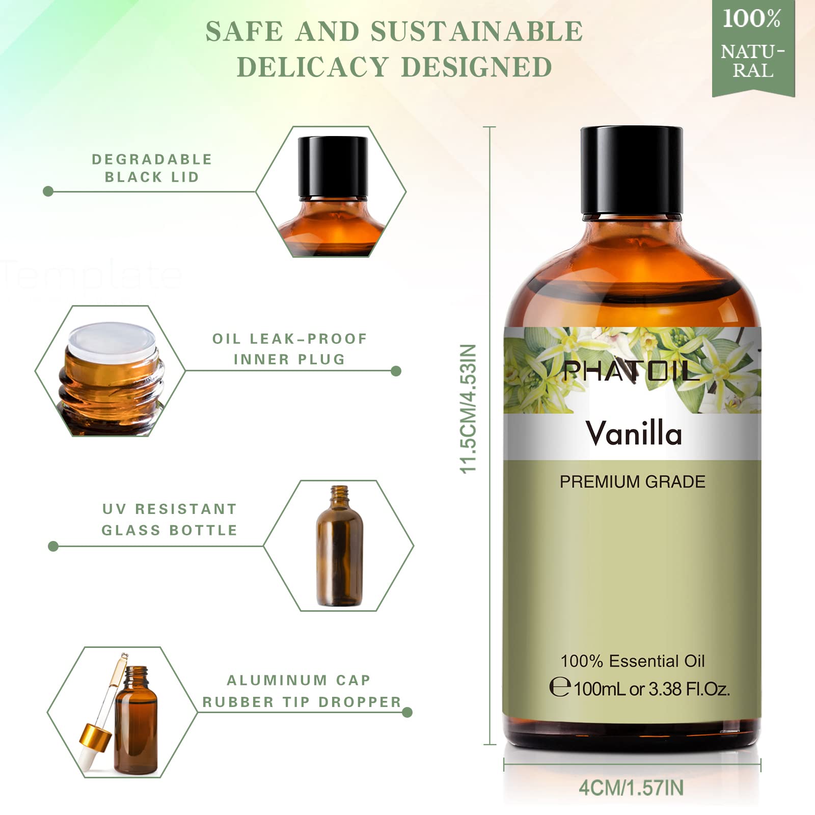 PHATOIL Vanilla Essential Oil 100ML, Vanilla Essential Oils for Diffuser, Humidifier, Aromatherapy, Sleep, Relax