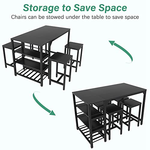 Rxicdeo Dining Table Set for 4, Kitchen Table Set with 4 Chairs, Dining Room Table with Wine Rack and Storage Shelf, Breakfast Table Space-Saving Dinette for Kitchen, Dining Room (Black)