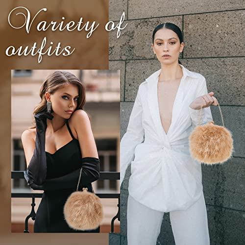 Women's Feather Clutch Purse Faux Fluffy Feather Round Clutch Shoulder Crossbody Bag Vintage Evening Bags with 2 Chains for Girls, Light Camel