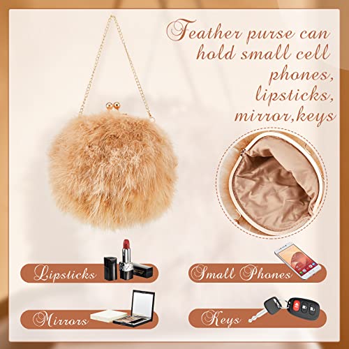 Women's Feather Clutch Purse Faux Fluffy Feather Round Clutch Shoulder Crossbody Bag Vintage Evening Bags with 2 Chains for Girls, Light Camel