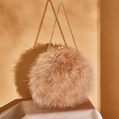 Women's Feather Clutch Purse Faux Fluffy Feather Round Clutch Shoulder Crossbody Bag Vintage Evening Bags with 2 Chains for Girls, Light Camel