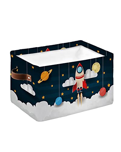 Storage Bins, Space Theme Cute Rocket Planet Pattern Storage Baskets for Organizing Closet Shelves Clothes Decorative Fabric Baskets Large Storage Cubes with Handles