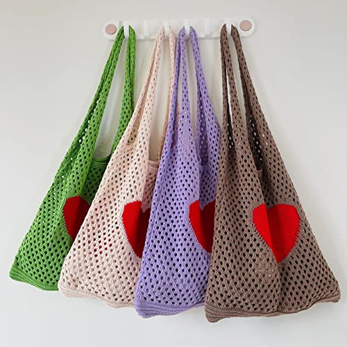 Women Hobo Bag Trendy Star Pattern Knitted Shoulder Bags Mesh Hollow Out Tote Bag Aesthetic Grunge Beach Bag (Apricot)