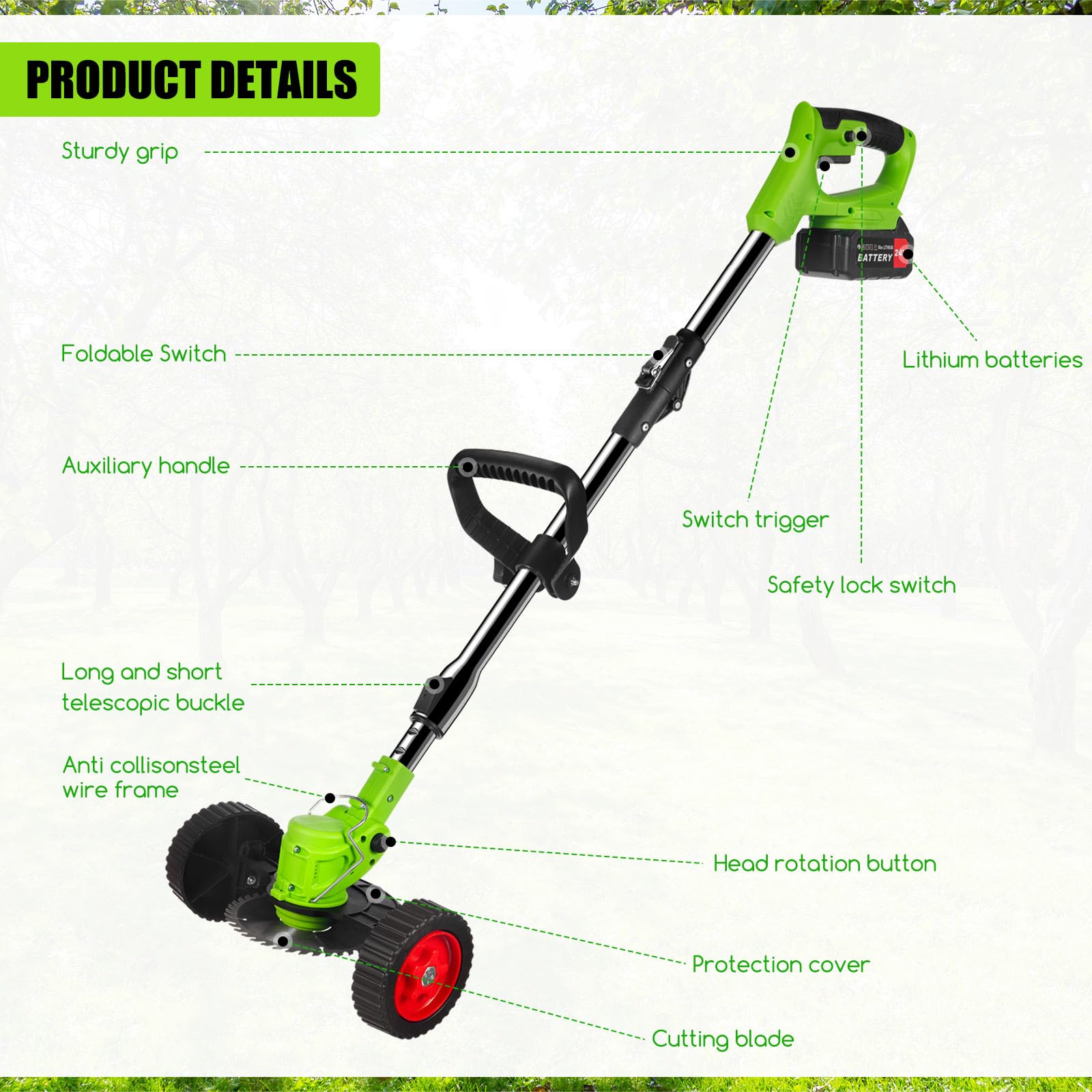 Foldable Brush Cutter Cordless Weed Wacker Electric Weed Eater Edgers with 2 Large Capacity Batteries &13 Blades, Professional Waterproof Weedeaters Battery Operated Grass Timmer for Lawn Garden Yard