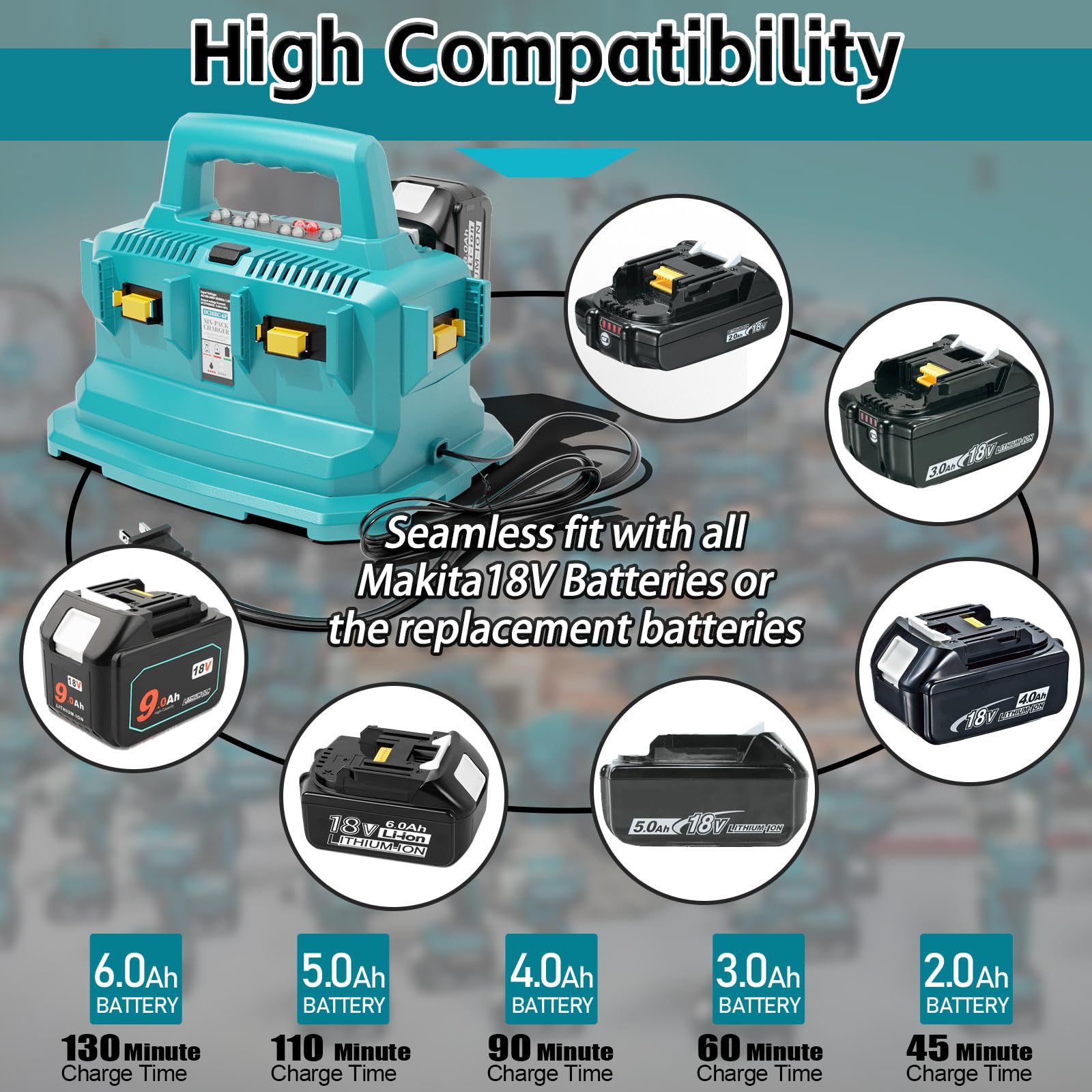 【Charge Choose Button & Wall Hole】 Replacement 6 Port Charger for Makita 18V Six Port Lithium-Ion Charger Fast Charge with Power Button,6 LED Indicators