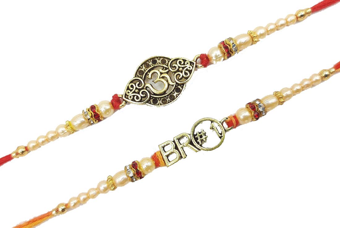 Palak Global Rakhi Bracelet for brother, Unique Design Rakhi for Brother, Bhabhi, Sister, Father and celebration with Family, Raksha Bandhan holy Rakhi. (Rakhi Design Om and Bro, Set of 2, Small)