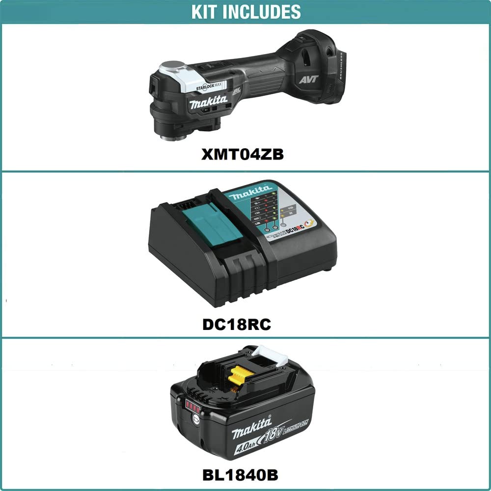 Makita XMT04ZB-BL1840BDC1 18V LXT StarlockMax Brushless Lithium-Ion Cordless Sub Compact Multi-Tool with Battery and Charger Starter Pack Bundle (4 Ah)
