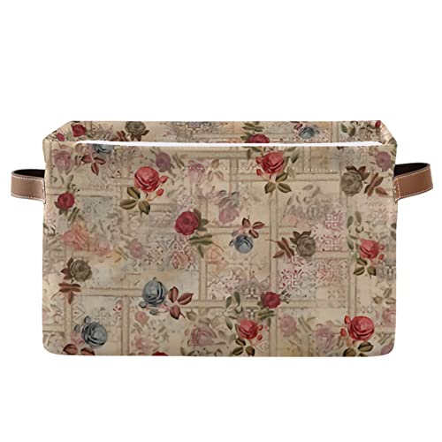 Gougeta Foldable Storage Basket with Handle, Vintage Rose Flower Bouquet Paisley Rectangular Canvas Organizer Bins for Home Office Closet Clothes Toys 2 Pack