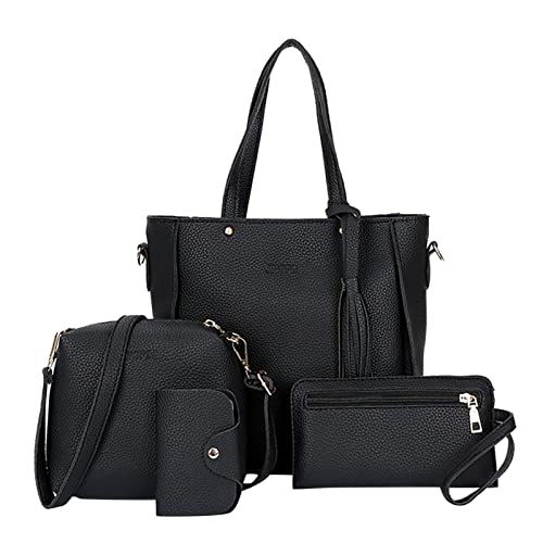 4Pcs Womens Fashion Handbags Wallet Tote Bag Shoulder Bag Handle Satchel Purse Sets, Suit for Shopping, Work, Travel, Parties (Black)