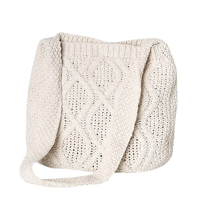 gabangjange Crochet Shoulder HandBags Hobo Knitted Tote Bag Shopping Bags Ivory