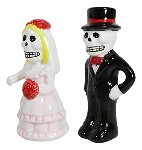 Ebros Gift Day Of The Dead Skeleton Couple Wedding Bride With Flowers And Groom Salt And Pepper Shakers Set Ceramic Magnetic Skulls Skeletons Kitchen Dining Bar Countertop Accessory Figurines