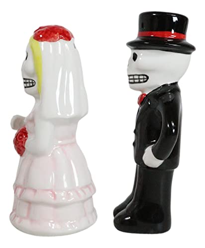 Ebros Gift Day Of The Dead Skeleton Couple Wedding Bride With Flowers And Groom Salt And Pepper Shakers Set Ceramic Magnetic Skulls Skeletons Kitchen Dining Bar Countertop Accessory Figurines