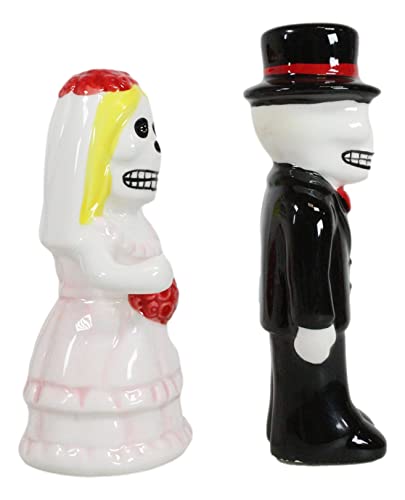 Ebros Gift Day Of The Dead Skeleton Couple Wedding Bride With Flowers And Groom Salt And Pepper Shakers Set Ceramic Magnetic Skulls Skeletons Kitchen Dining Bar Countertop Accessory Figurines