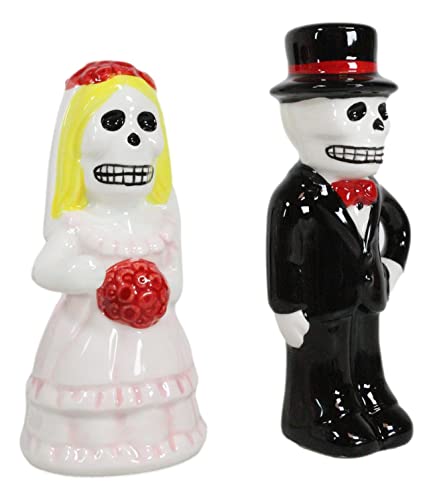 Ebros Gift Day Of The Dead Skeleton Couple Wedding Bride With Flowers And Groom Salt And Pepper Shakers Set Ceramic Magnetic Skulls Skeletons Kitchen Dining Bar Countertop Accessory Figurines