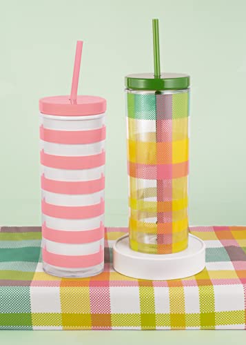 Kate Spade New York Acrylic Tumbler with Lid and Straw, 20 oz Tumbler, Slim Double Wall Tumbler, Terrace Stripe