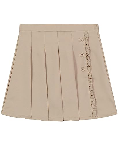 Nautica Girl's School Uniform Pleated Pull-on Scooter Skirt With Undershorts, Knit Waistband, Khaki Ruffle, 8