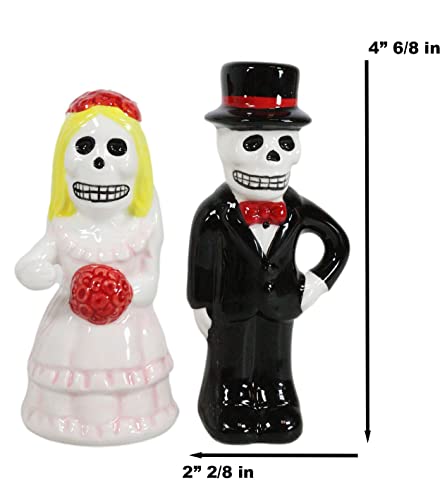 Ebros Gift Day Of The Dead Skeleton Couple Wedding Bride With Flowers And Groom Salt And Pepper Shakers Set Ceramic Magnetic Skulls Skeletons Kitchen Dining Bar Countertop Accessory Figurines