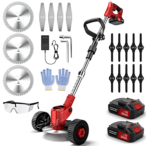 Cordless Weed Wacker, 3-in-1 Cordless Grass Trimmer/Edger Lawn Tool/Brush Cutter, Lightweight Push Lawn Mower Tool with 3 Types Blades and 2Pcs 2.0Ah Batteries, Electric Weed Wacker for Yard/Garden