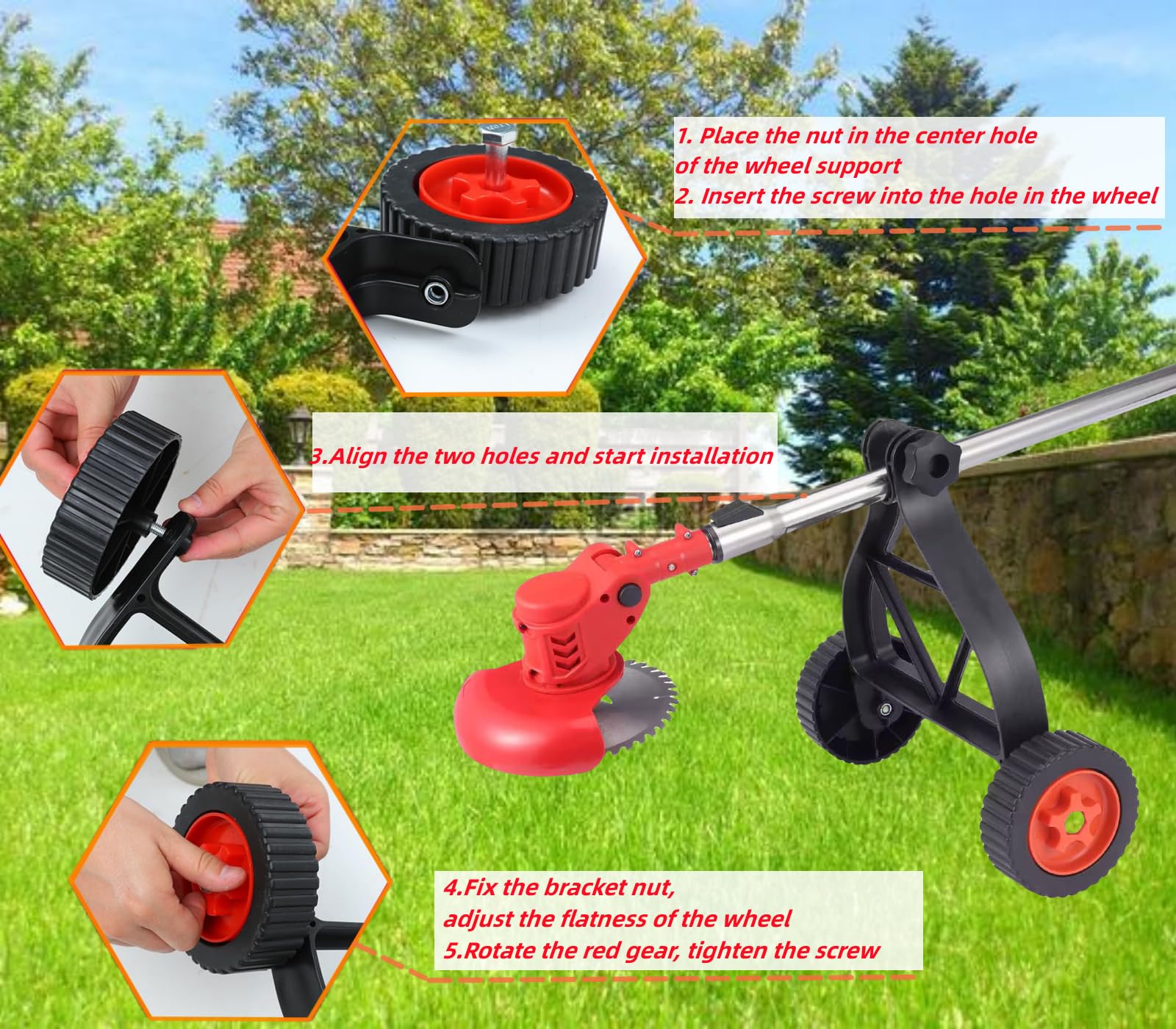 CNImpetus Adjustable String Trimmer Support Wheel for Weed Trimmer, Walk Behind Brush Cutter,Universal Support Auxiliary Wheels Weed Eater Attachments for Weedeaters Weed Trimmer Grass Cutter Holder
