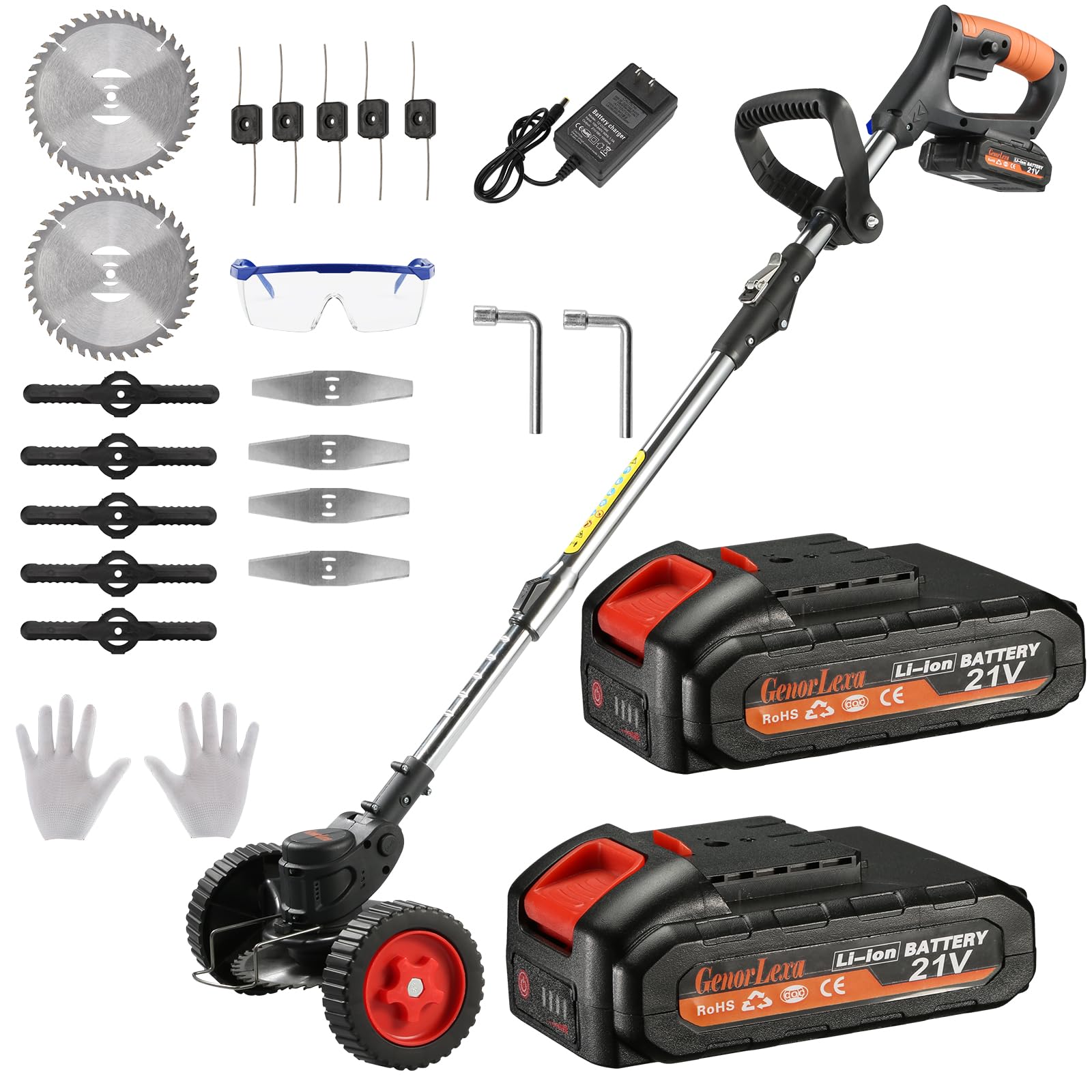 GenorLexa Electric Cordless Weed Wacker, 21V Portable Lightweight Brush Cutter Trimmer, Foldable Weed Eater Battery Powered Rechargeable Edger Tool with 4 Types Blades for Garden, Lawn, Yard