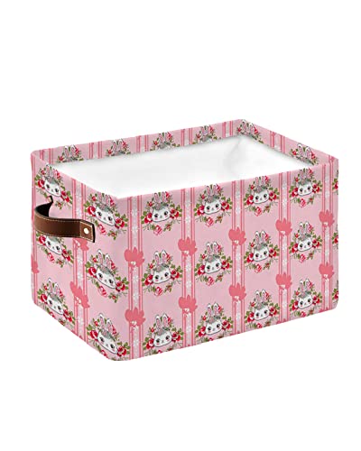 Bunny Large Storage Baskets Bins Easter Rabbits Spring Pink Flower Plant Leaves Collapsible Storage Box Laundry Organizer for Closet Shelf Nursery Kids Bedroom (1pc)