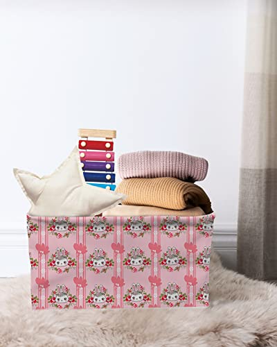 Bunny Large Storage Baskets Bins Easter Rabbits Spring Pink Flower Plant Leaves Collapsible Storage Box Laundry Organizer for Closet Shelf Nursery Kids Bedroom (1pc)