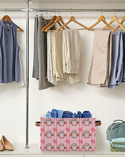 Bunny Large Storage Baskets Bins Easter Rabbits Spring Pink Flower Plant Leaves Collapsible Storage Box Laundry Organizer for Closet Shelf Nursery Kids Bedroom (1pc)