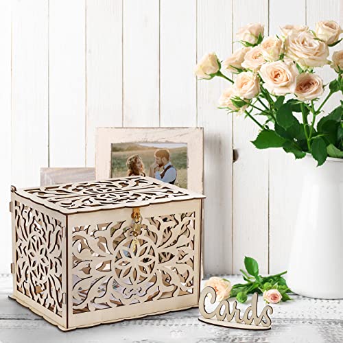 Lawei Wedding Card Box with Lock and Card Sign, Rustic Wooden Card Box, DIY Envelop Gift Money Box Holder, Large Hollow Envelope Box for Wedding Reception, Baby Shower, Birthday, Graduation, Yellow