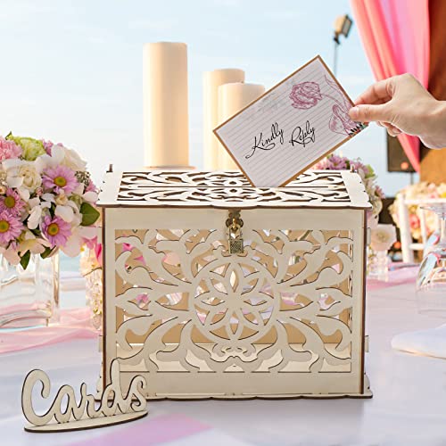 Lawei Wedding Card Box with Lock and Card Sign, Rustic Wooden Card Box, DIY Envelop Gift Money Box Holder, Large Hollow Envelope Box for Wedding Reception, Baby Shower, Birthday, Graduation, Yellow