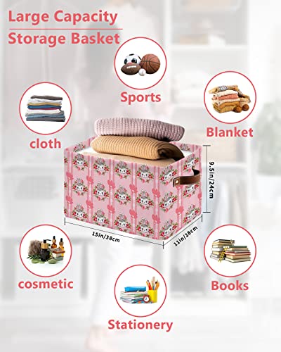 Bunny Large Storage Baskets Bins Easter Rabbits Spring Pink Flower Plant Leaves Collapsible Storage Box Laundry Organizer for Closet Shelf Nursery Kids Bedroom (1pc)