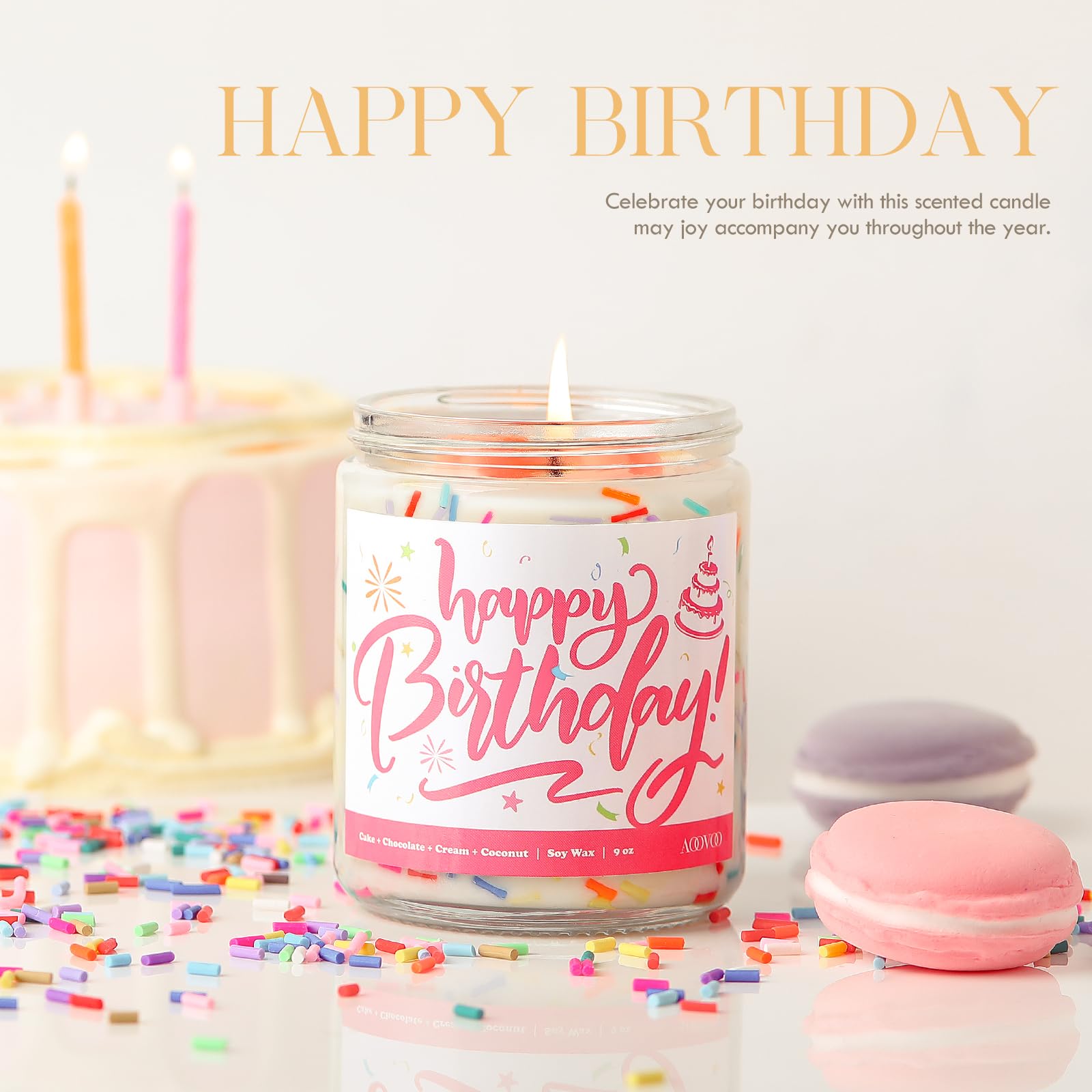 AOOVOO Birthday Candle, 9oz Pure Soy Wax, Vanilla/Cream/Cake Scent, Handmade, Long Burning, for Women, Men, Friend