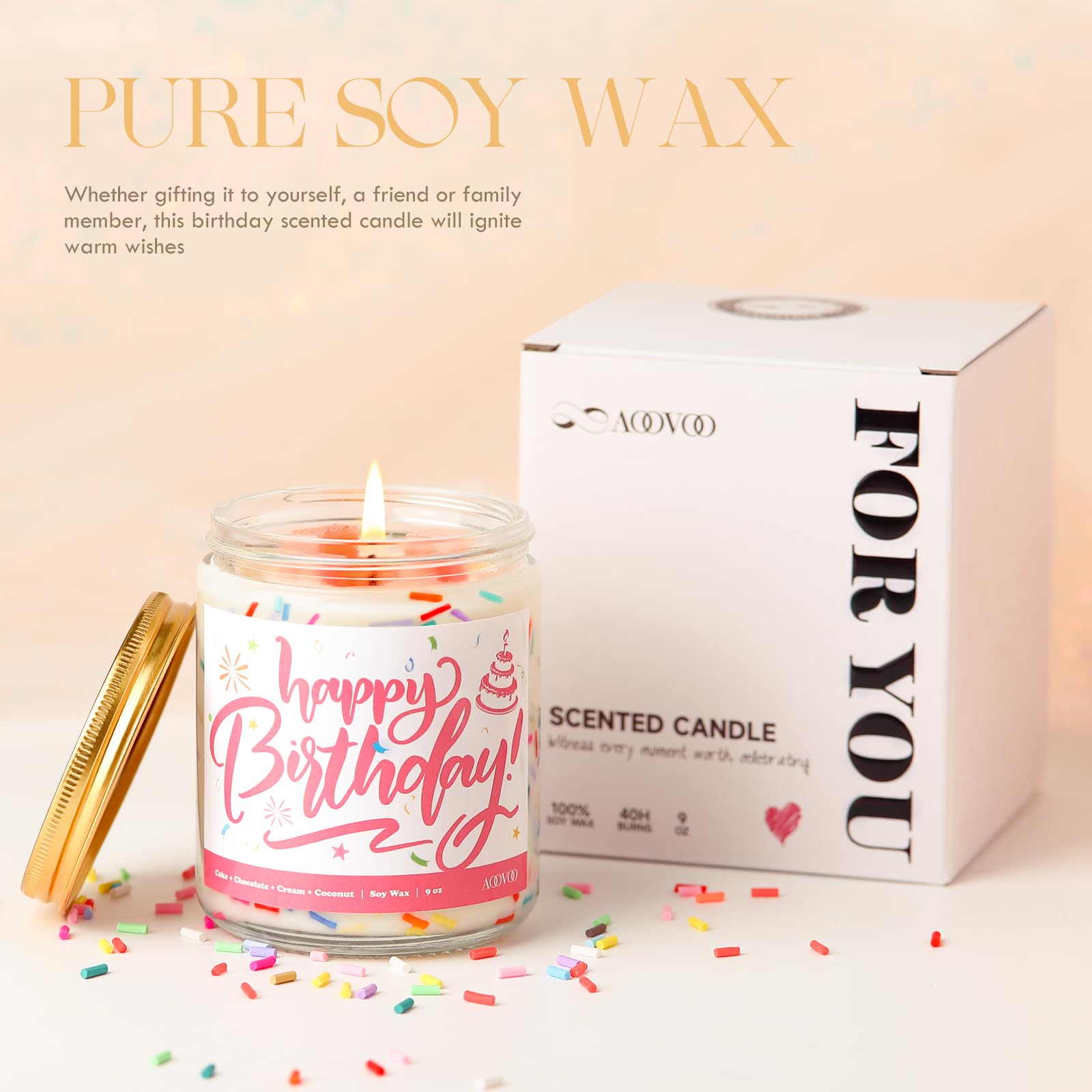AOOVOO Birthday Candle, 9oz Pure Soy Wax, Vanilla/Cream/Cake Scent, Handmade, Long Burning, for Women, Men, Friend