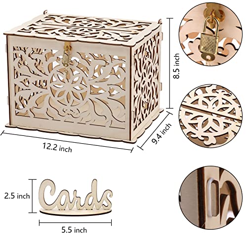 Lawei Wedding Card Box with Lock and Card Sign, Rustic Wooden Card Box, DIY Envelop Gift Money Box Holder, Large Hollow Envelope Box for Wedding Reception, Baby Shower, Birthday, Graduation, Yellow
