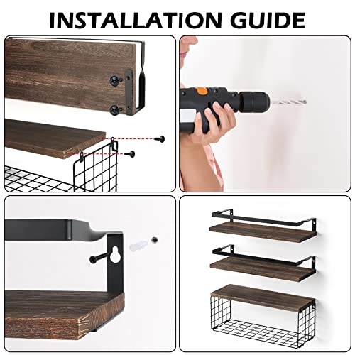 Floating Shelves Wall Mounted Set of 3, Rustic Wood Wall Shelves for Wall Decor Bathroom Shelves Over Toilet with Paper Storage Basket for Home Decor, Laundry Room Storage Shelves (Carbonized Brown)