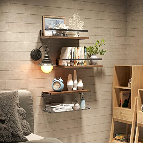 Floating Shelves Wall Mounted Set of 3, Rustic Wood Wall Shelves for Wall Decor Bathroom Shelves Over Toilet with Paper Storage Basket for Home Decor, Laundry Room Storage Shelves (Carbonized Brown)