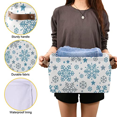 Christmas Snowflake Storage Basket,Blue White Snowflakes Large Storage Bin Fabric Collapsible Organizer Bag with Handles 15x11x9.5 inch