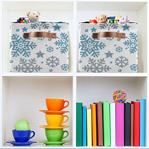 Christmas Snowflake Storage Basket,Blue White Snowflakes Large Storage Bin Fabric Collapsible Organizer Bag with Handles 15x11x9.5 inch
